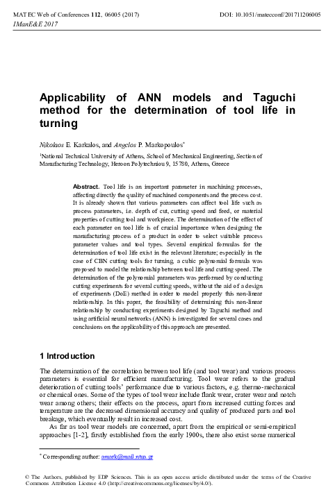(PDF) Applicability of ANN models and Taguchi method for the determination of tool life in turning
