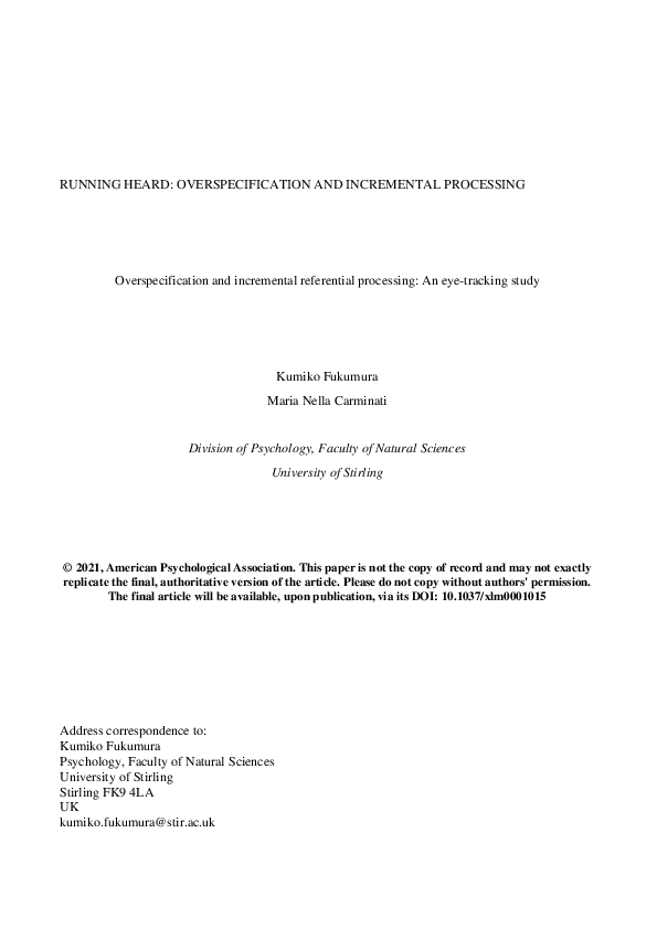 (PDF) Overspecification and incremental referential processing: An eye-tracking study