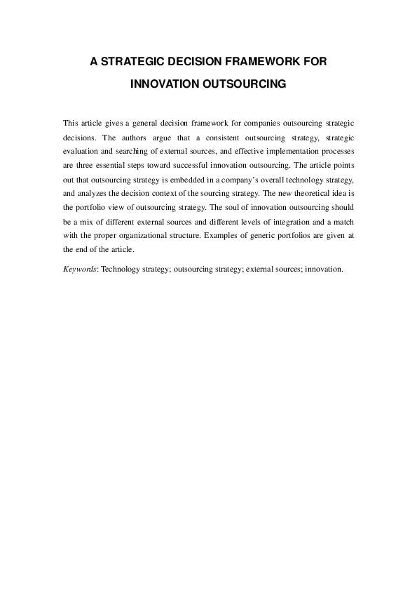 (PDF) A Strategic Decision Framework for Innovation Outsourcing