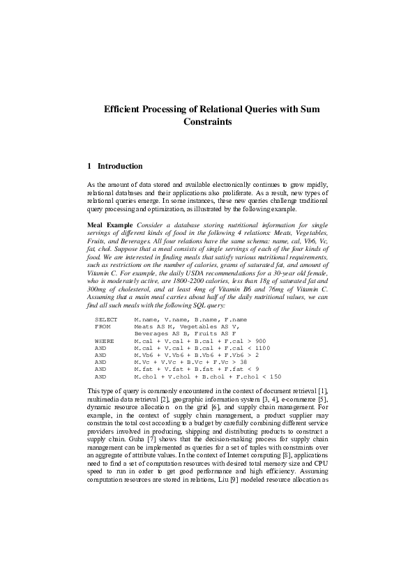 Pdf Efficient Processing Of Relational Queries With Sum Constraints