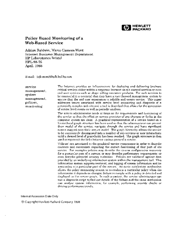 (PDF) FfI-.. HEWLETT a: ~ PACKARD Policy Based Monitoring of a