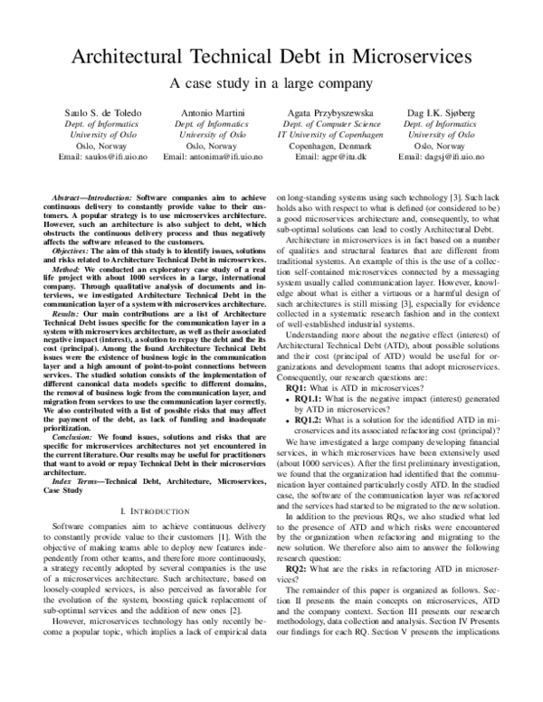 (PDF) Architectural Technical Debt in Microservices: A Case Study in a Large Company | Saulo ...
