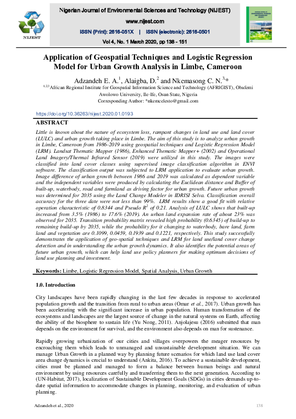 (PDF) Application of Geospatial Techniques and Logistic Regression Model for Urban Growth ...