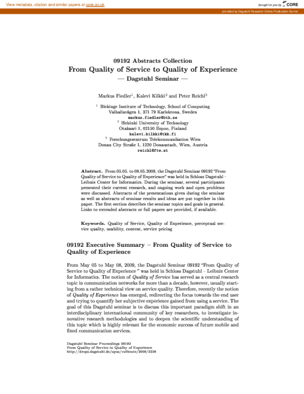 (PDF) 09192 Abstracts Collection – From Quality of Service to Quality ...