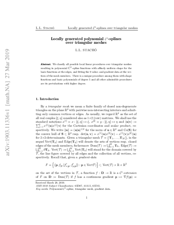 (PDF) Locally generated $\mathcal{C}^1$-splines over triangular meshes