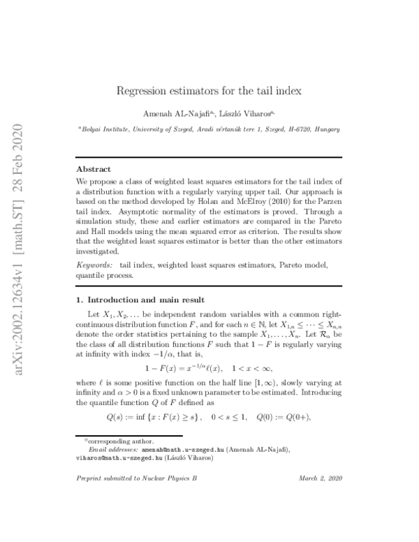 (PDF) Regression estimators for the tail index | Laszlo Stacho ... (PDF) Regression estimators for the tail index | Laszlo Stacho ...