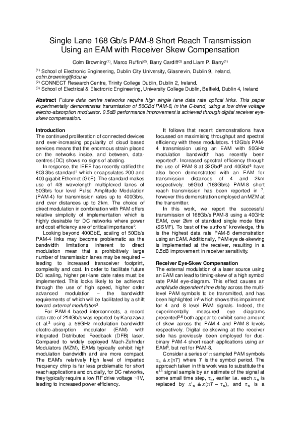(PDF) Single Lane 168 Gb/s PAM-8 Short Reach Transmission Using an EAM ...