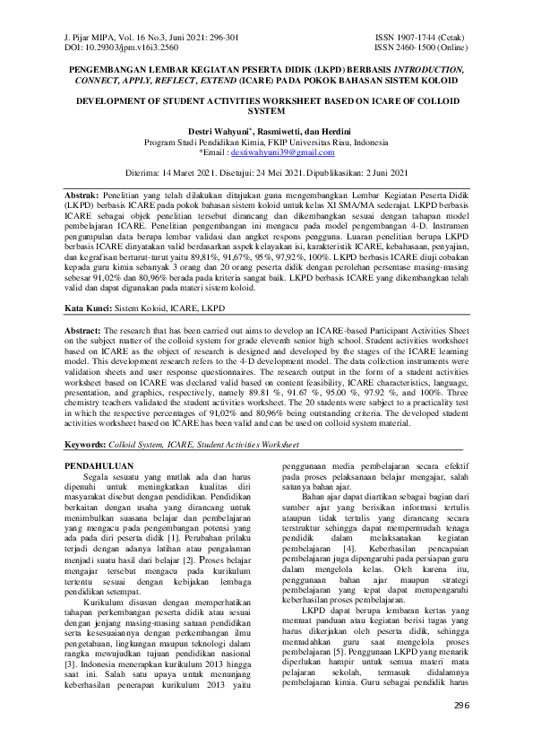 (PDF) Development of Student Activities Worksheet Based on Icare of Colloid System | Destri ...