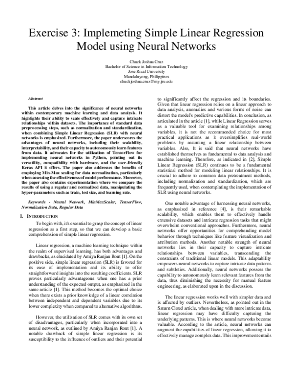 Pdf Neural Networks For Simple Linear Regression In Python