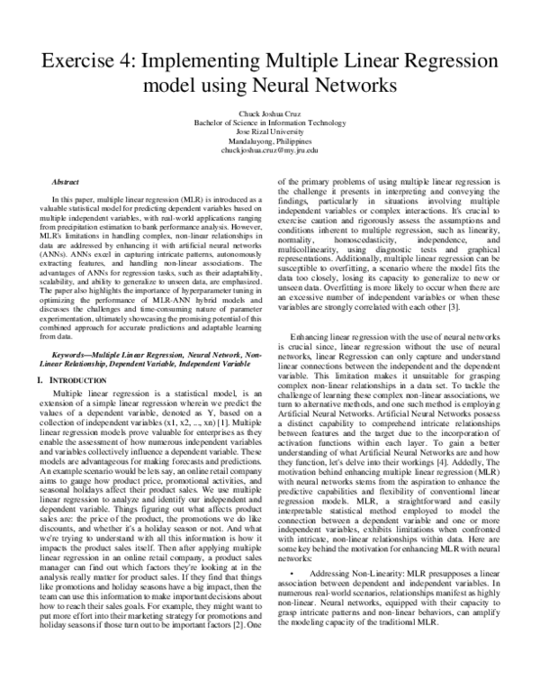 Pdf Implementing Multiple Linear Regression Model Using Neural Networks Chuck Joshua Cruz