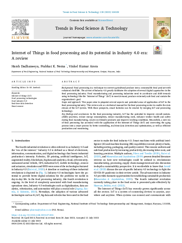 (PDF) Internet of Things in food processing and its potential in ...