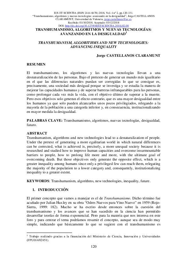 (PDF) Transhumanismo, Algoritmos y Nuevas Tecnologías: Avanzando en La Desigualdad