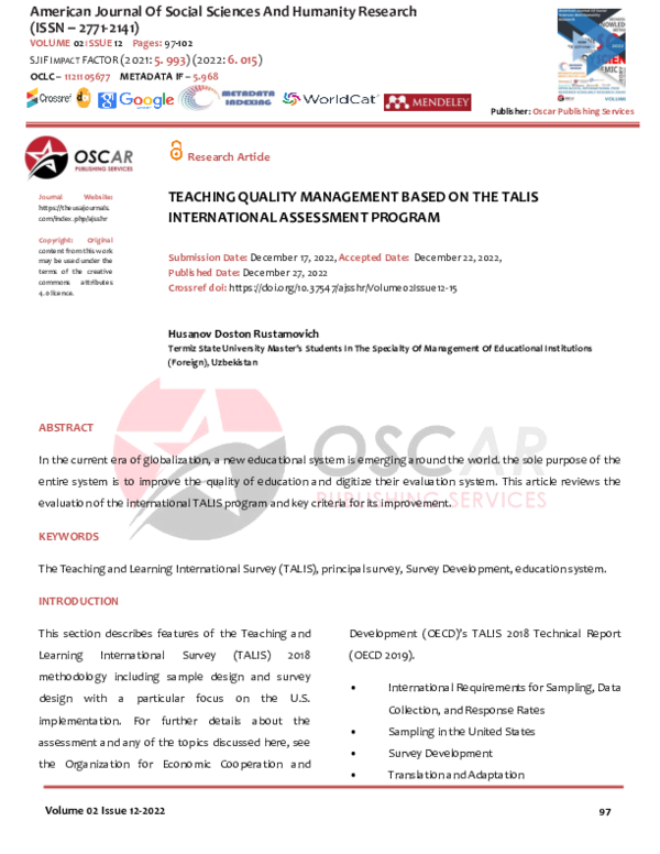 (PDF) Teaching Quality Management Based on the Talis International ...