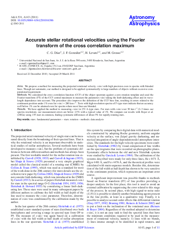 (PDF) Accurate stellar rotational velocities using the Fourier transform of the cross ...