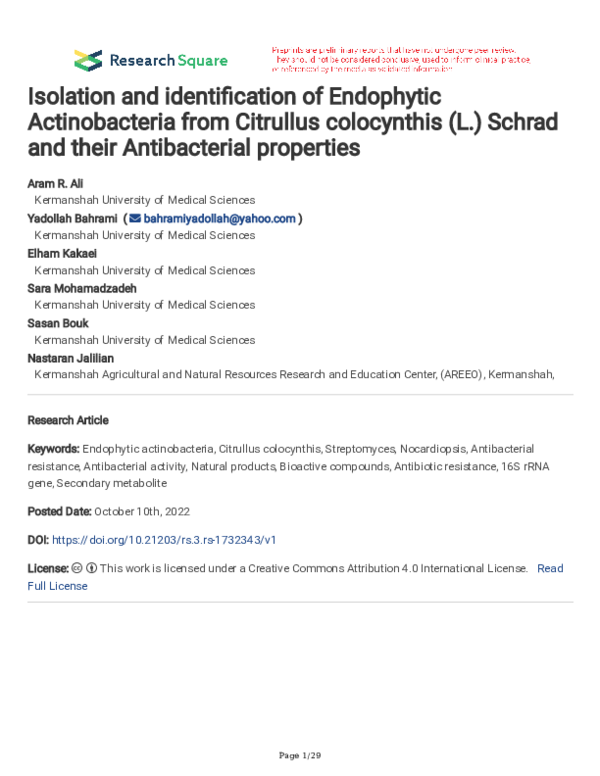 (PDF) Isolation and identification of Endophytic Actinobacteria from Citrullus colocynthis (L ...