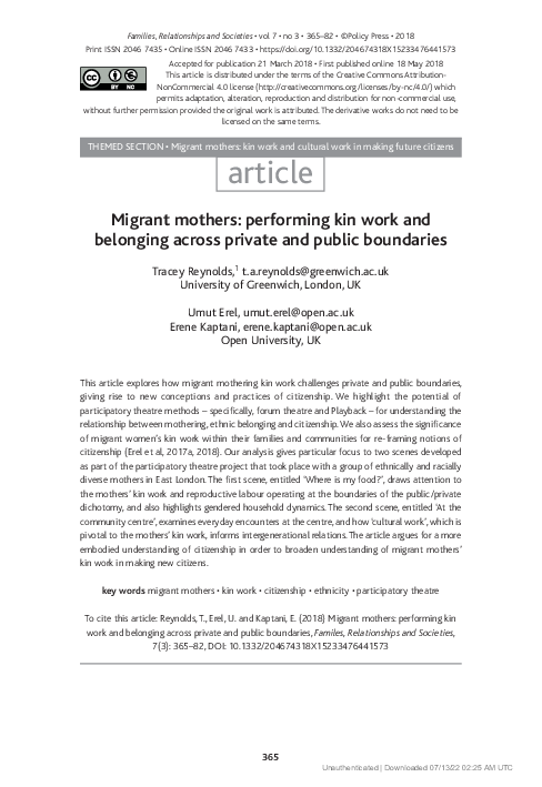 (PDF) Migrant mothers: performing kin work and belonging across private ...