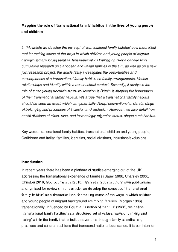 (PDF) Mapping the role of ‘transnational family habitus’ in the lives ...