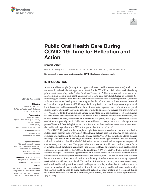 (PDF) Public Oral Health Care During COVID-19: Time for Reflection and ...