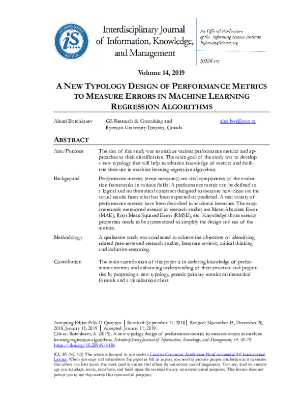 (PDF) Performance Metrics (Error Measures) in Machine Learning Regression, Forecasting and ...