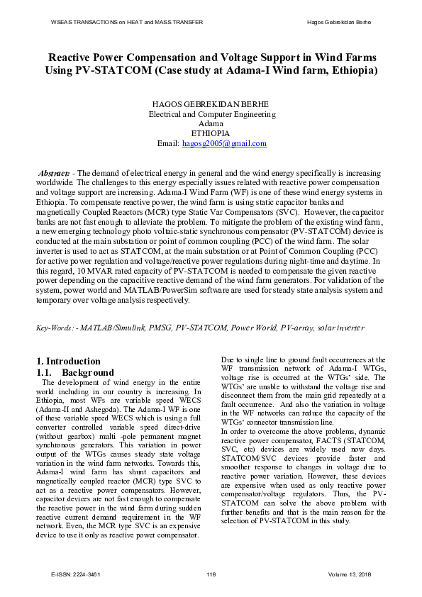 (PDF) Reactive Power Compensation and Voltage Support in Wind Farms Using PV-STATCOM (Case study ...