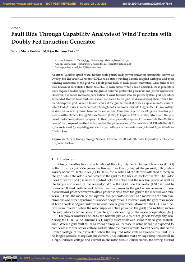 Pdf Fault Ride Through Capability Analysis Of Wind Turbine With Doubly Fed Induction Generator