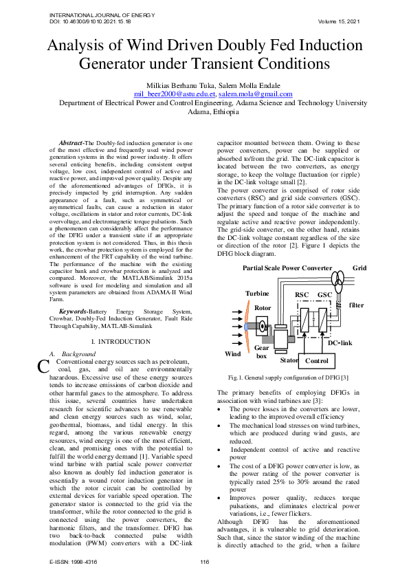 Pdf Analysis Of Wind Driven Doubly Fed Induction Generator Under Transient Conditions
