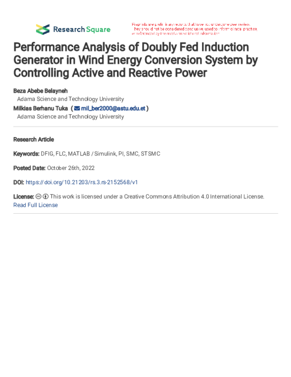 Pdf Performance Analysis Of Doubly Fed Induction Generator In Wind Energy Conversion System By