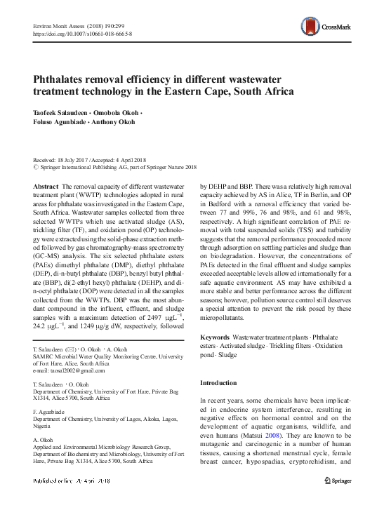 (PDF) Phthalates removal efficiency in different wastewater treatment ...