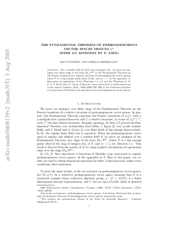 Pdf The Fundamental Theorem Of Prehomogeneous Vector Spaces Modulo Pm With An Appendix L