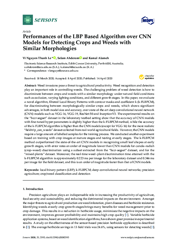 Pdf Performances Of The Lbp Based Algorithm Over Cnn Models For Detecting Crops And Weeds With