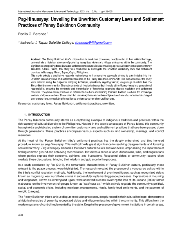 (PDF) Pag-Hinusayay: Unveiling the Unwritten Customary Laws and ...