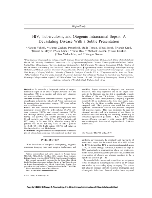 (PDF) HIV, Tuberculosis, and Otogenic Intracranial Sepsis: A Devastating Disease With a Subtle ...