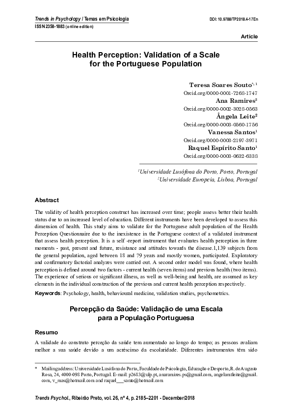 Pdf Health Perception Validation Of A Scale For The Portuguese Population