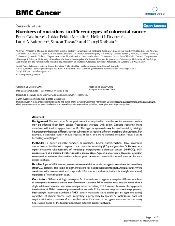 (PDF) Numbers of mutations to different types of colorectal cancer