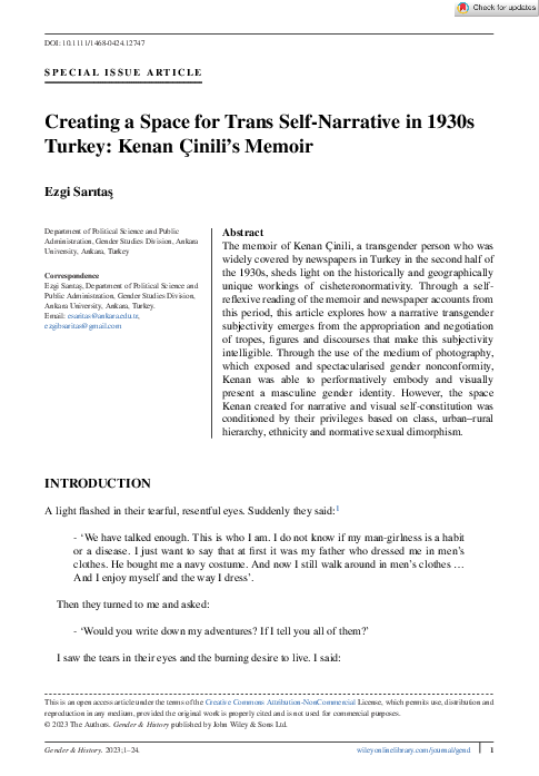 (PDF) Creating a Space for Trans Self-Narrative in 1930s Turkey: Kenan ...
