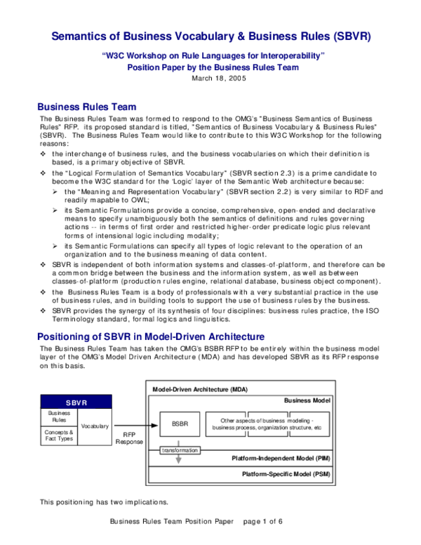 (PDF) Semantics of Business Vocabulary & Business Rules (SBVR)