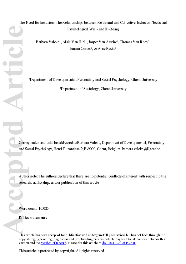 (PDF) The Need for Inclusion: The relationships between Relational and ...