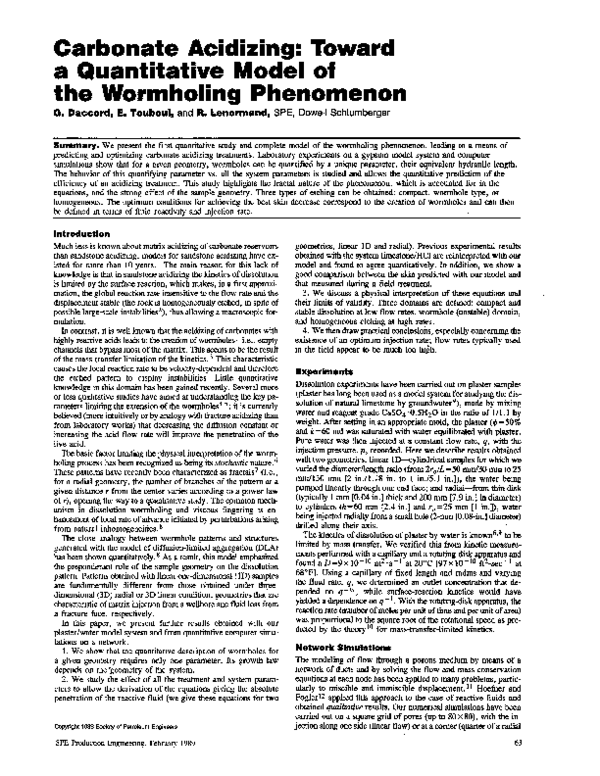 (PDF) Carbonate Acidizing: Toward a Quantitative Model of the Wormholing Phenomenon