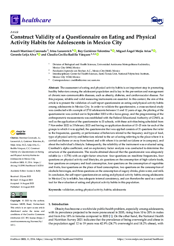 (PDF) Construct Validity of a Questionnaire on Eating and Physical Activity Habits for ...
