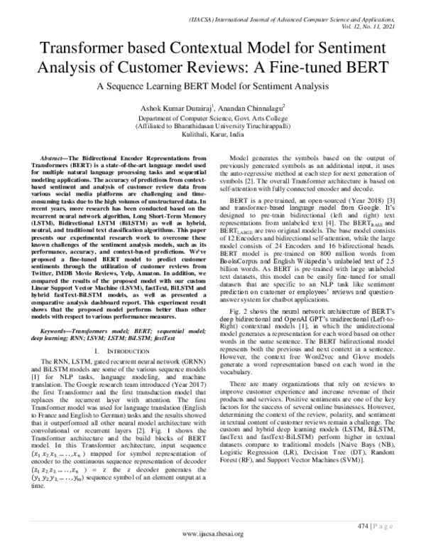 (PDF) Transformer based Contextual Model for Sentiment Analysis of Customer Reviews: A Fine ...
