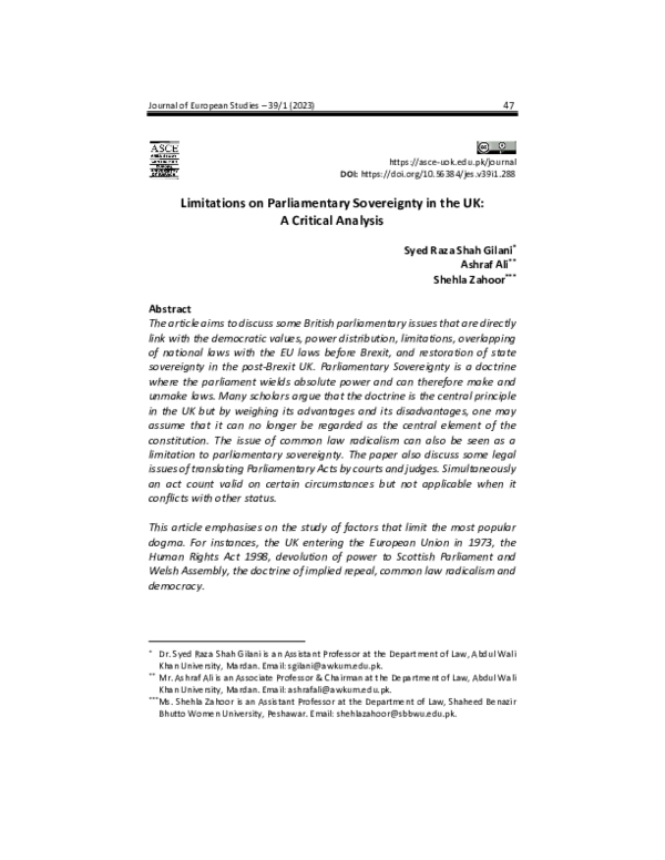 (PDF) Limitations on Parliamentary Sovereignty in the UK: A Critical Analysis