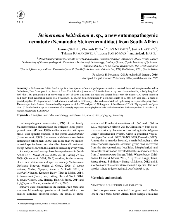 (PDF) Steinernema beitlechemi n. sp., a new entomopathogenic nematode (Nematoda ...