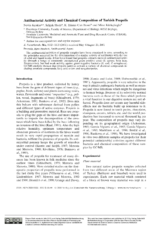 (PDF) Antibacterial Activity and Chemical Composition of Turkish Propolis