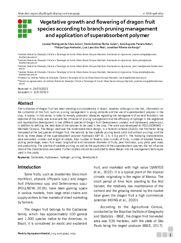 Pdf Vegetative Growth And Flowering Of Dragon Fruit Species According To Branch Pruning