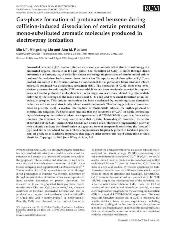 (PDF) Gas‐phase formation of protonated benzene during collision ...