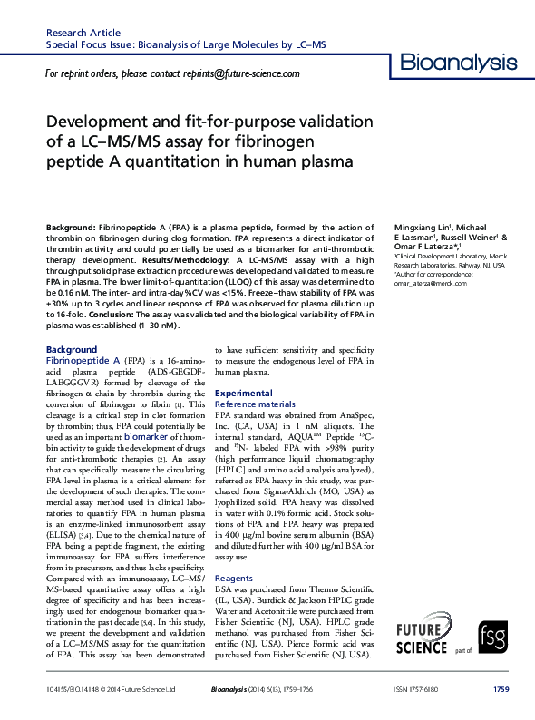 (PDF) Development and fit-for-purpose validation of a LC–MS/MS assay for fibrinogen peptide A ...