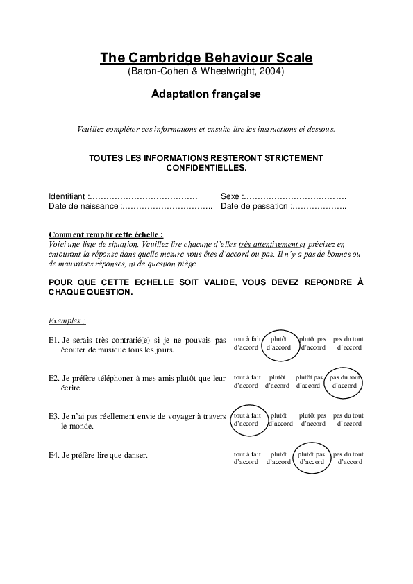 (PDF) EQ Cambridge Behaviour Scale TSA adultes FR depistage