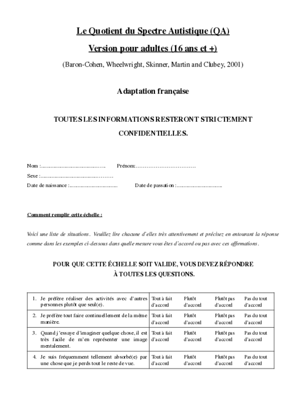 (PDF) Le Quotient du Spectre Autistique (QA) Version pour adultes FR ...