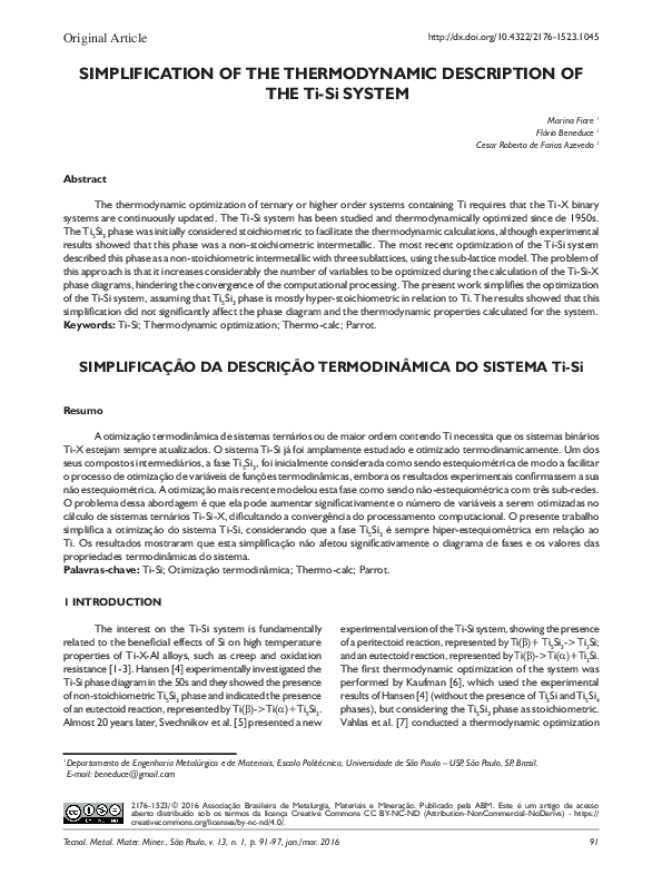 (PDF) SIMPLIFICATION OF THE THERMODYNAMIC DESCRIPTION OF THE Ti-Si SYSTEM