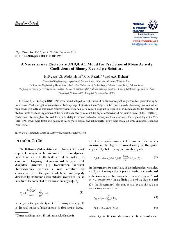 (PDF) Electrolyte-UNIQUAC-NRF model for the correlation of the mean ...